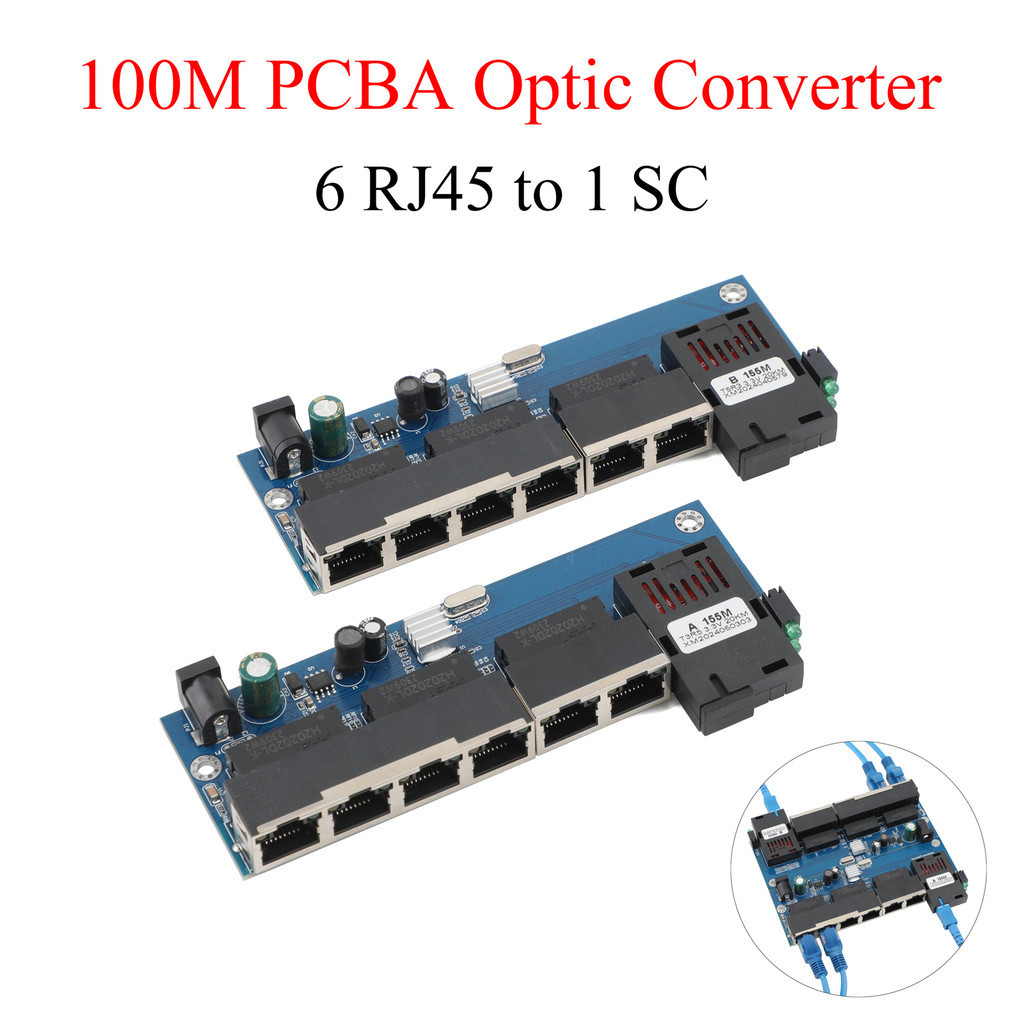 1Pair 10M/100M Fiber Optic Media Converter PCBA Board 6 RJ45 to 1 SC A ...