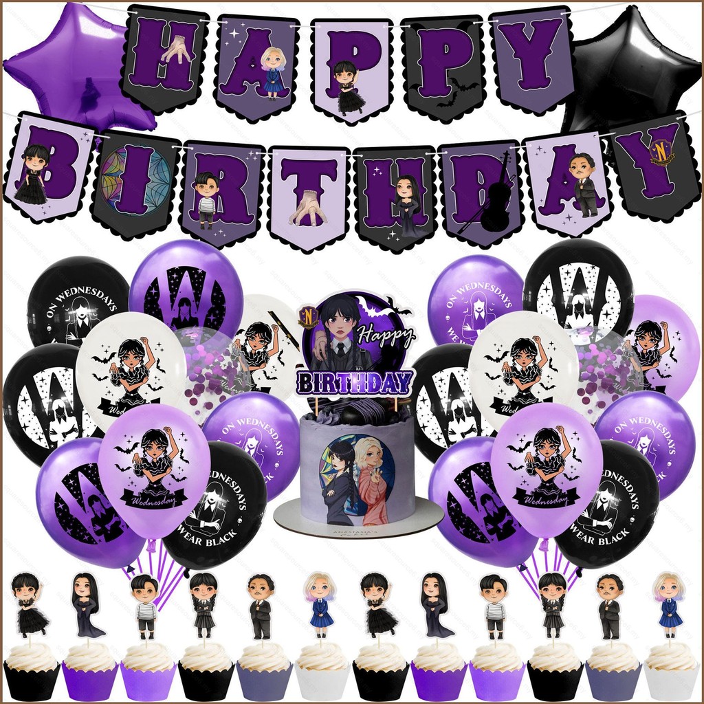 sq6 Wednesday Addams Theme kids birthday party decorations banner cake ...