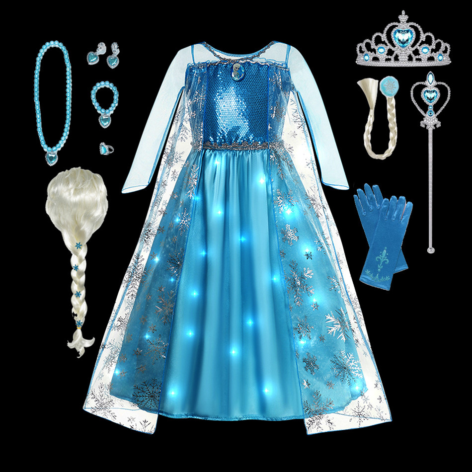 LED Elsa Role Playing Dress Light Up Kids Halloween Frozen Carnival ...