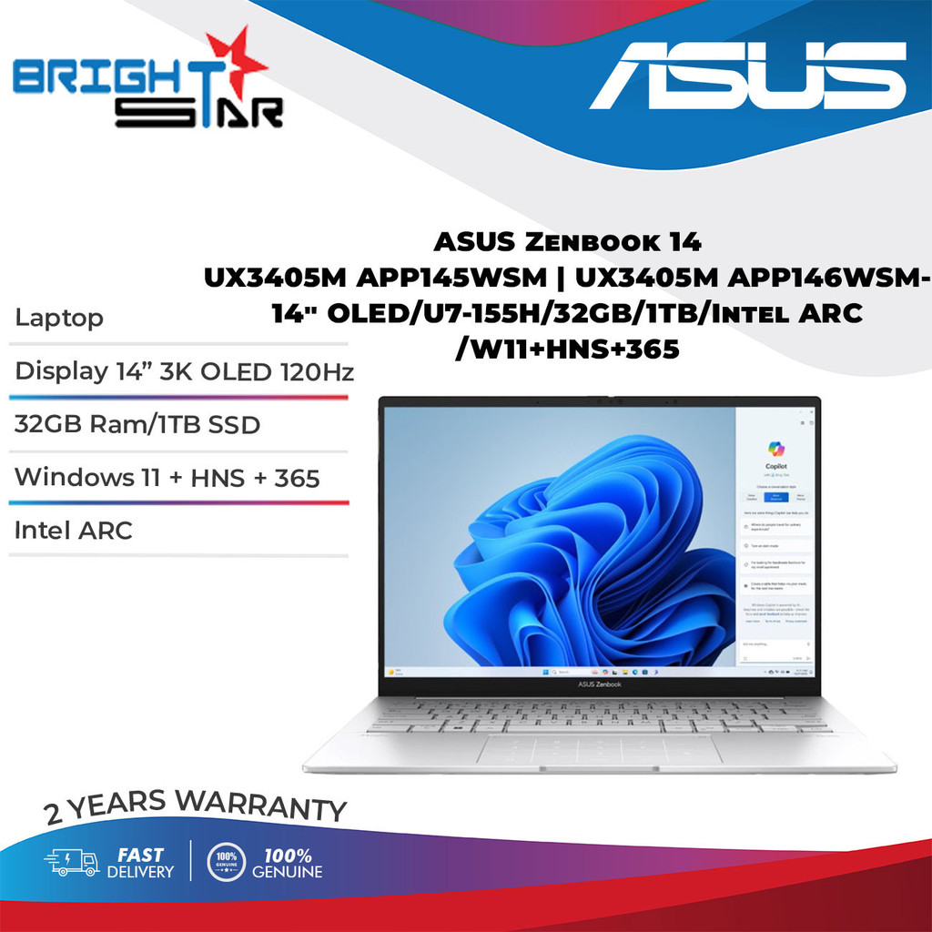 ASUS Zenbook 14 OLED UX3405M APP145WSM/APP146WSM- (Ultra 7 155H | 32GB ...