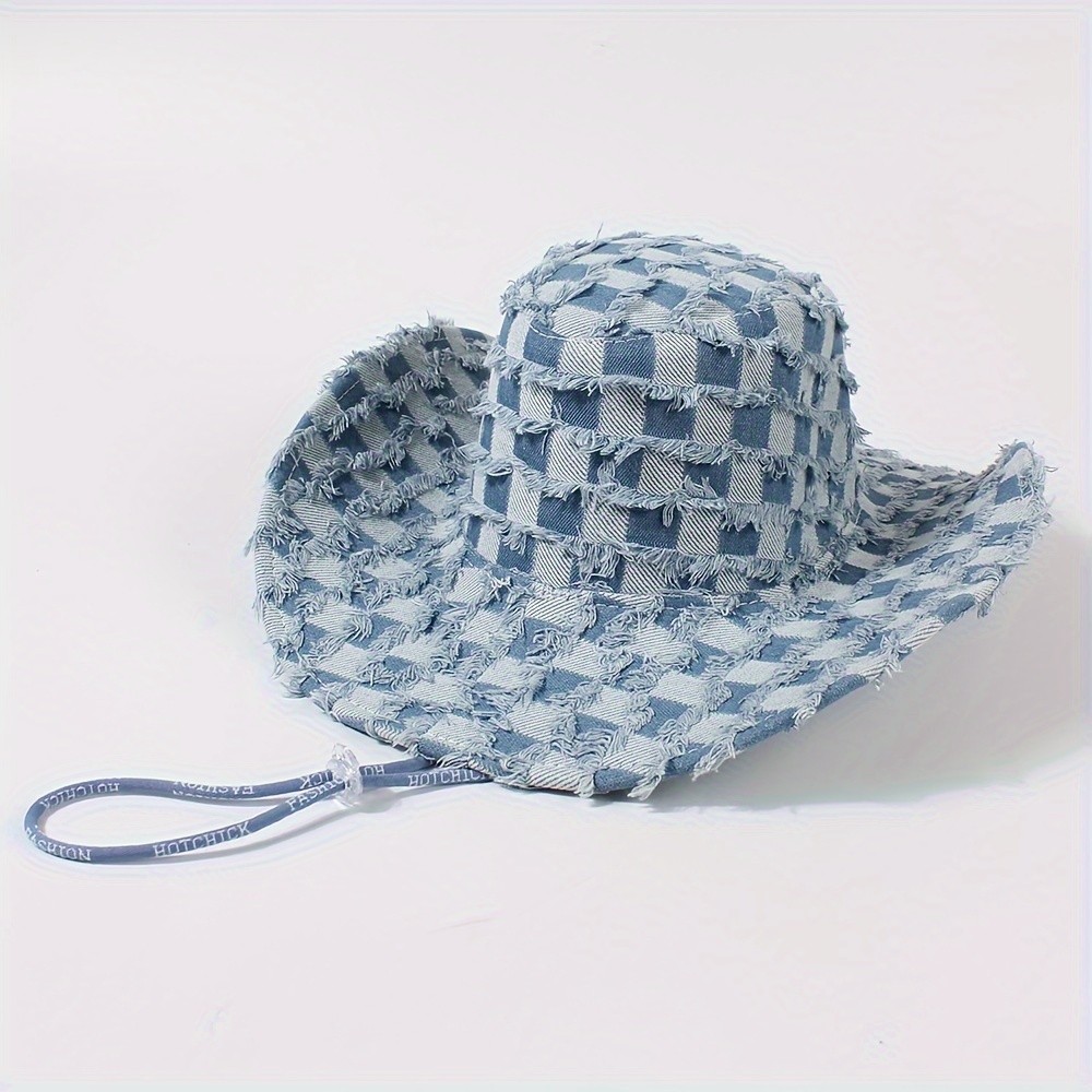 Raw Hem Denim Cowboy Hat Trendy Checkered Washed Distressed Blue Sun ...