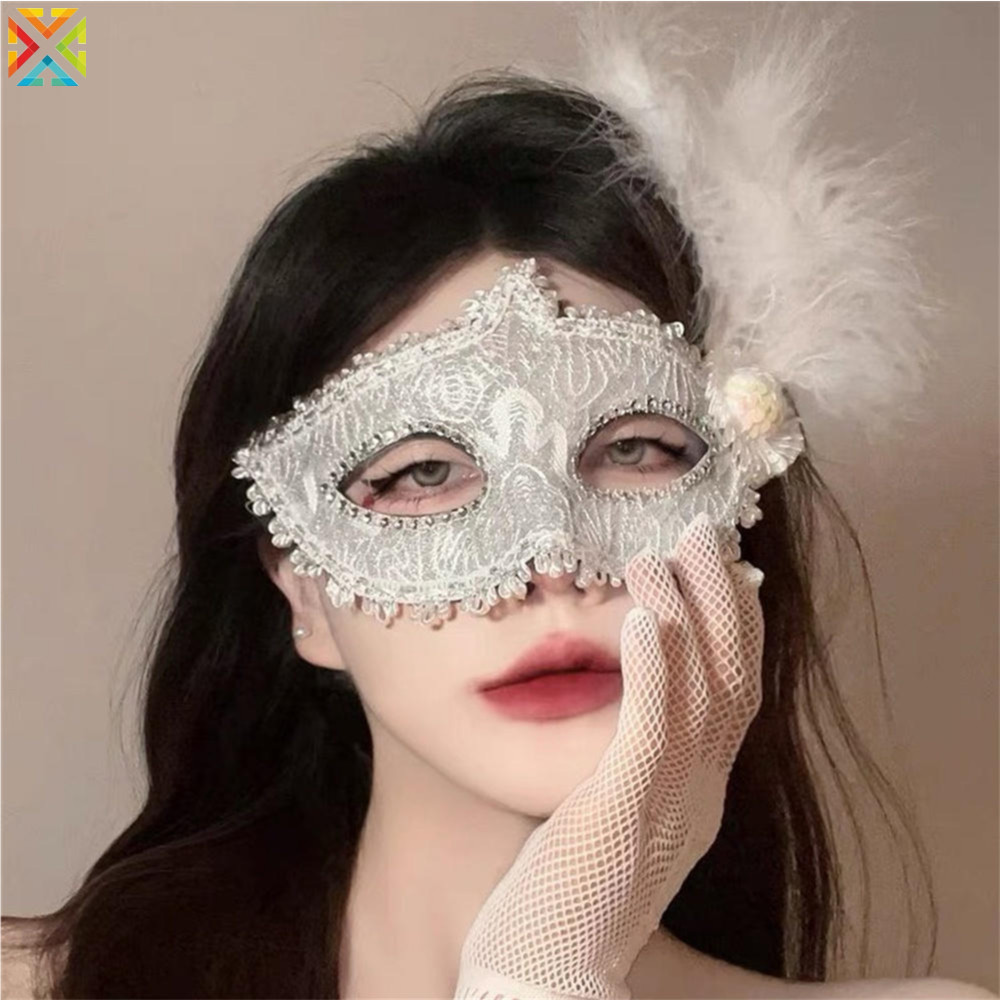 Halloween Masks Half Face Lace Trimmed Feather Headpiece Mask Flower ...