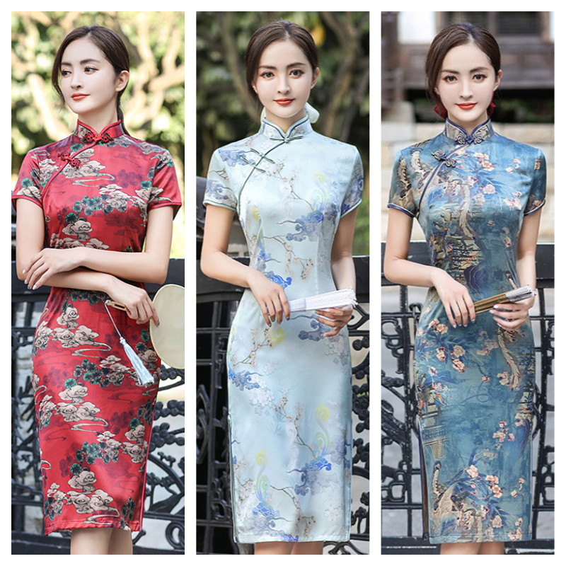 [Dsmyz] Woman Silk Cheongsam Dress Short Sleeve Baju Tradisional Cina ...