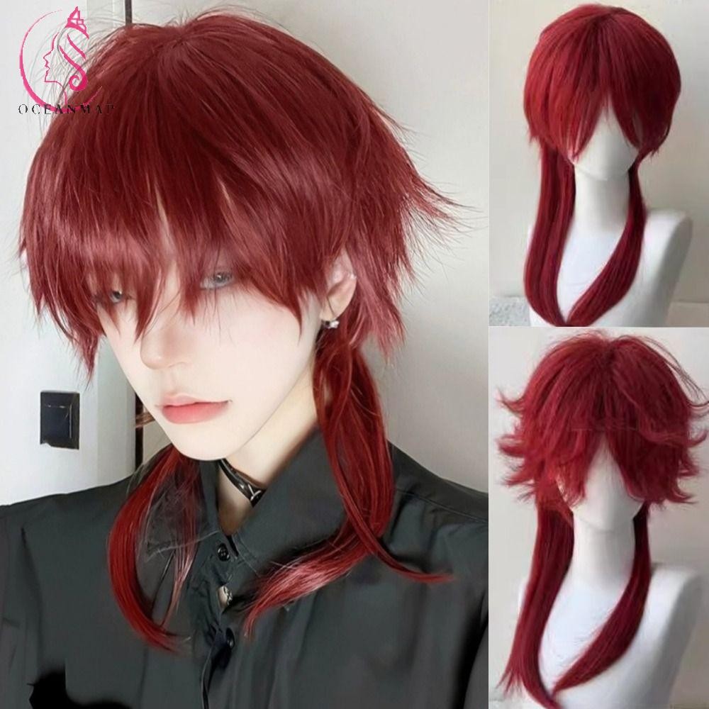 OCEANMAP Mullet Head Wig, Synthetic Lolita Cosplay Red Long Straight ...