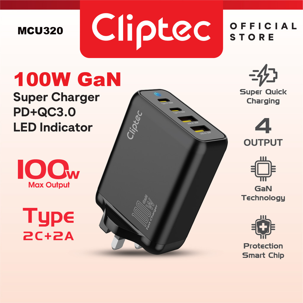 CLiPtec M-series MCU320 100W GaN PD+QC3.0 4 Ports Fast Charger with 2 ...