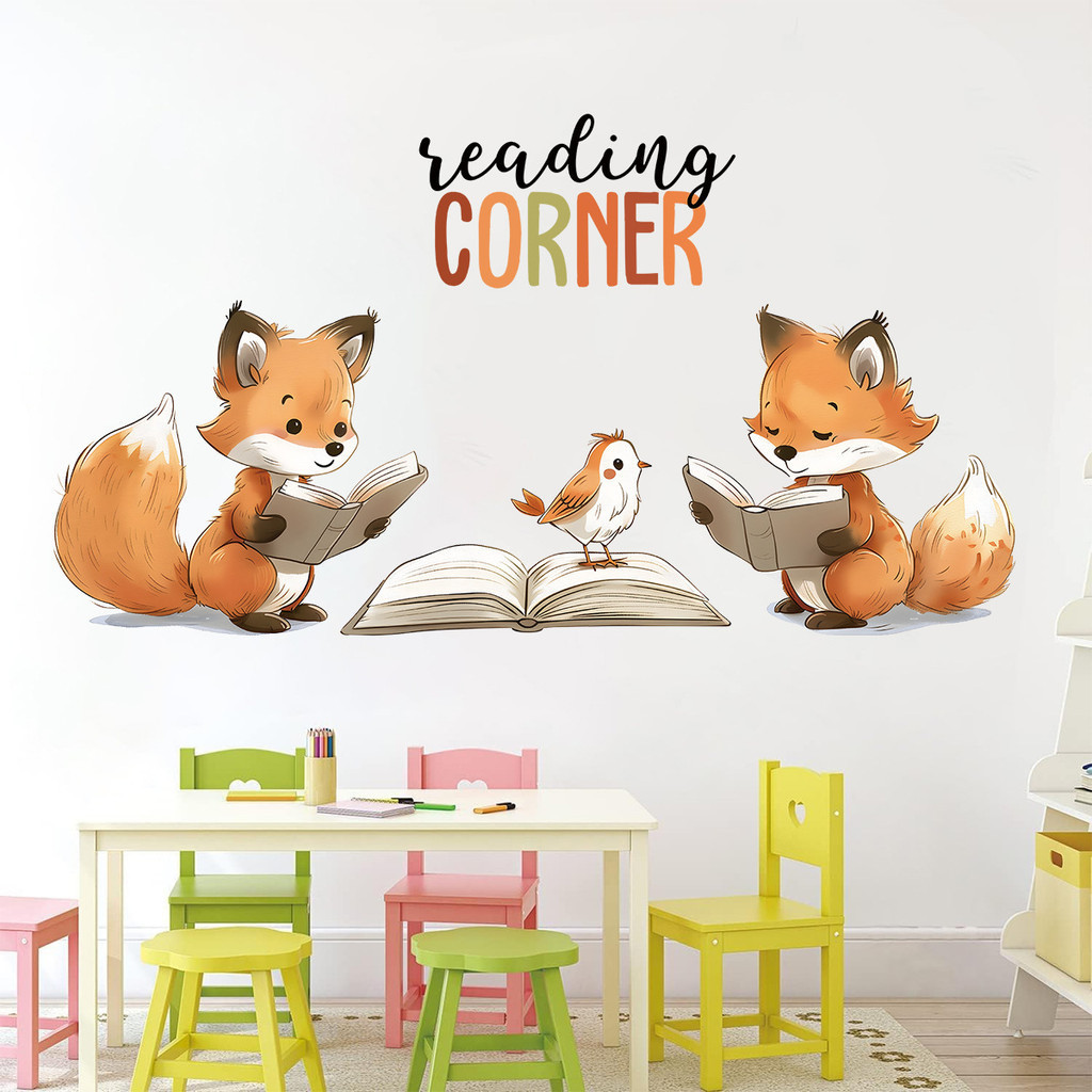 Reading Little Fox Cartoon Wall Stickers Children's Room Kindergarten ...