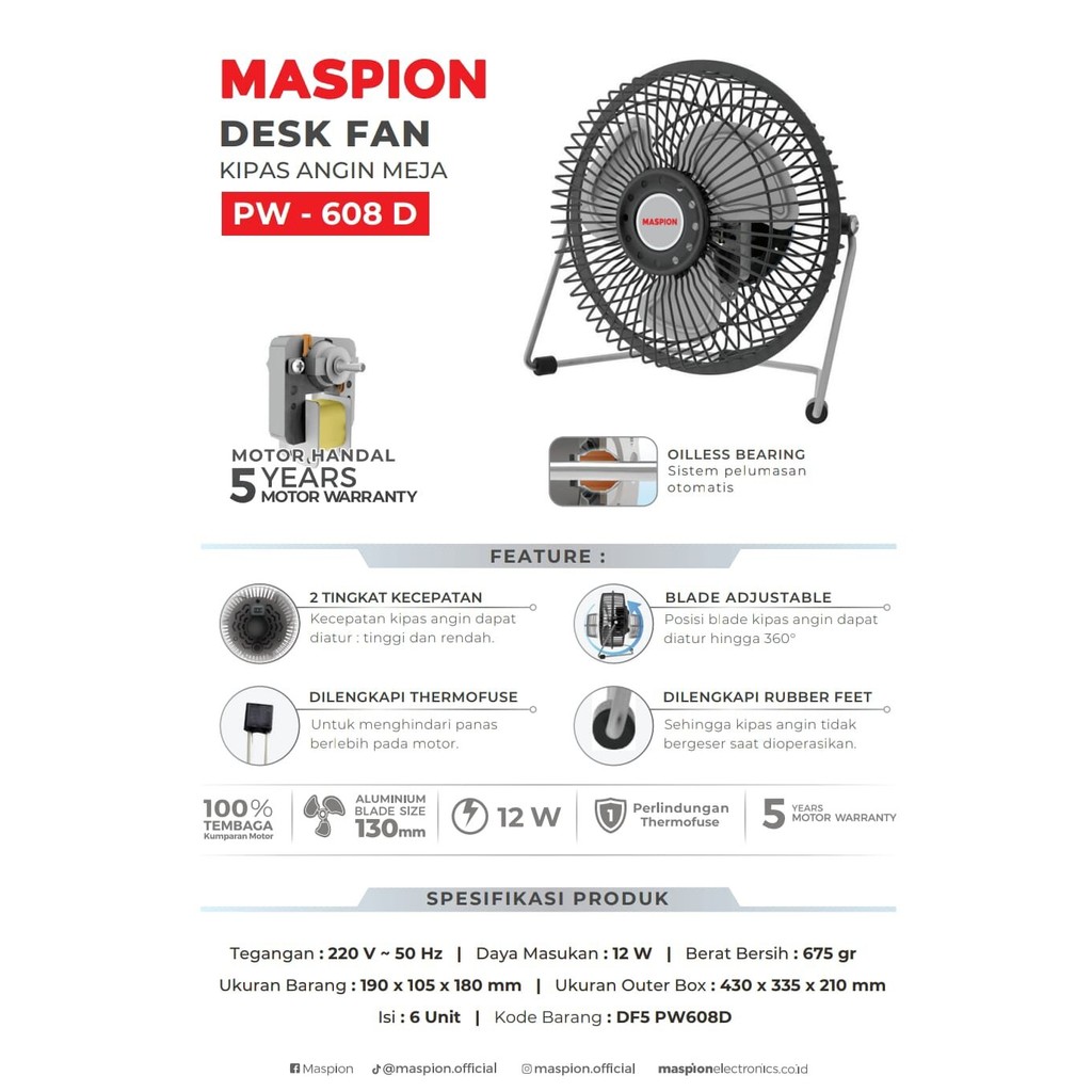 Maspion Table Fan/Deskfan PW-608D 5 Inc 12 Watt New Arrifal | Shopee ...