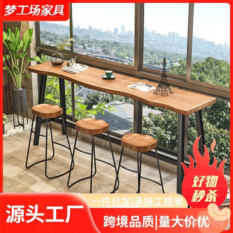 Meja dan kerusi kaunter bar kayu pepejal Nordik, meja tinggi tingkap ...