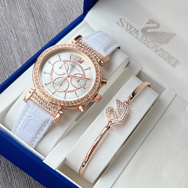【FREE BRACELET】 2Pcs Swan Watch Set Women's Leather Rhinestones Quartz ...