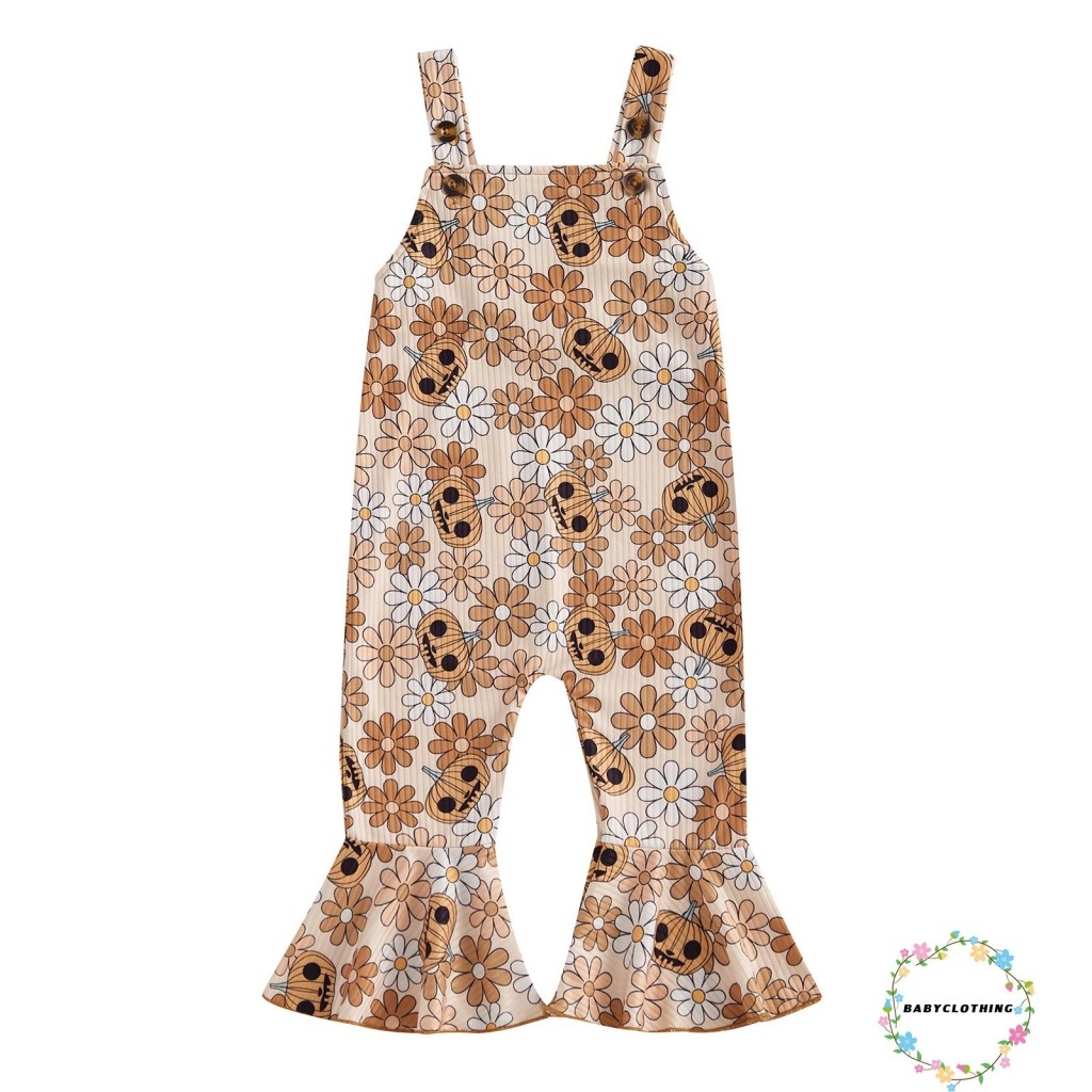 BABYCLOM-Baby Girl Halloween Overalls Pumpkin Print Square Neck Sleeveless Bell Bottom Jumpsuit ...