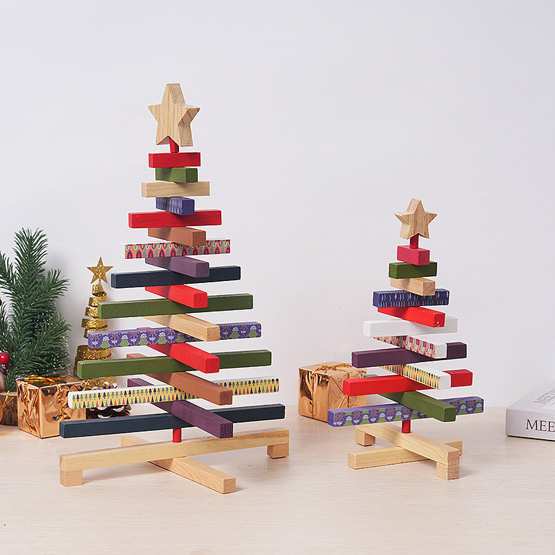 Rotating Wooden Rotating Tree Christmas Building Blocks Decorations ...