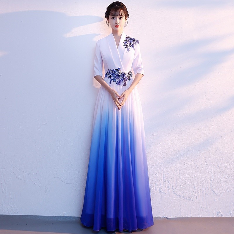 Gradient Blue/Red Stage Performance Dress Elegant Mid Sleeve V-neck ...