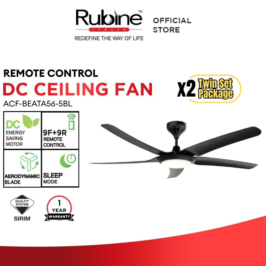 Rubine BEATA Series ACF-BEATA56-5BL Remote Control DC Ceiling Fan / 56 Inch / 5 Blades x 2 UNITS ...