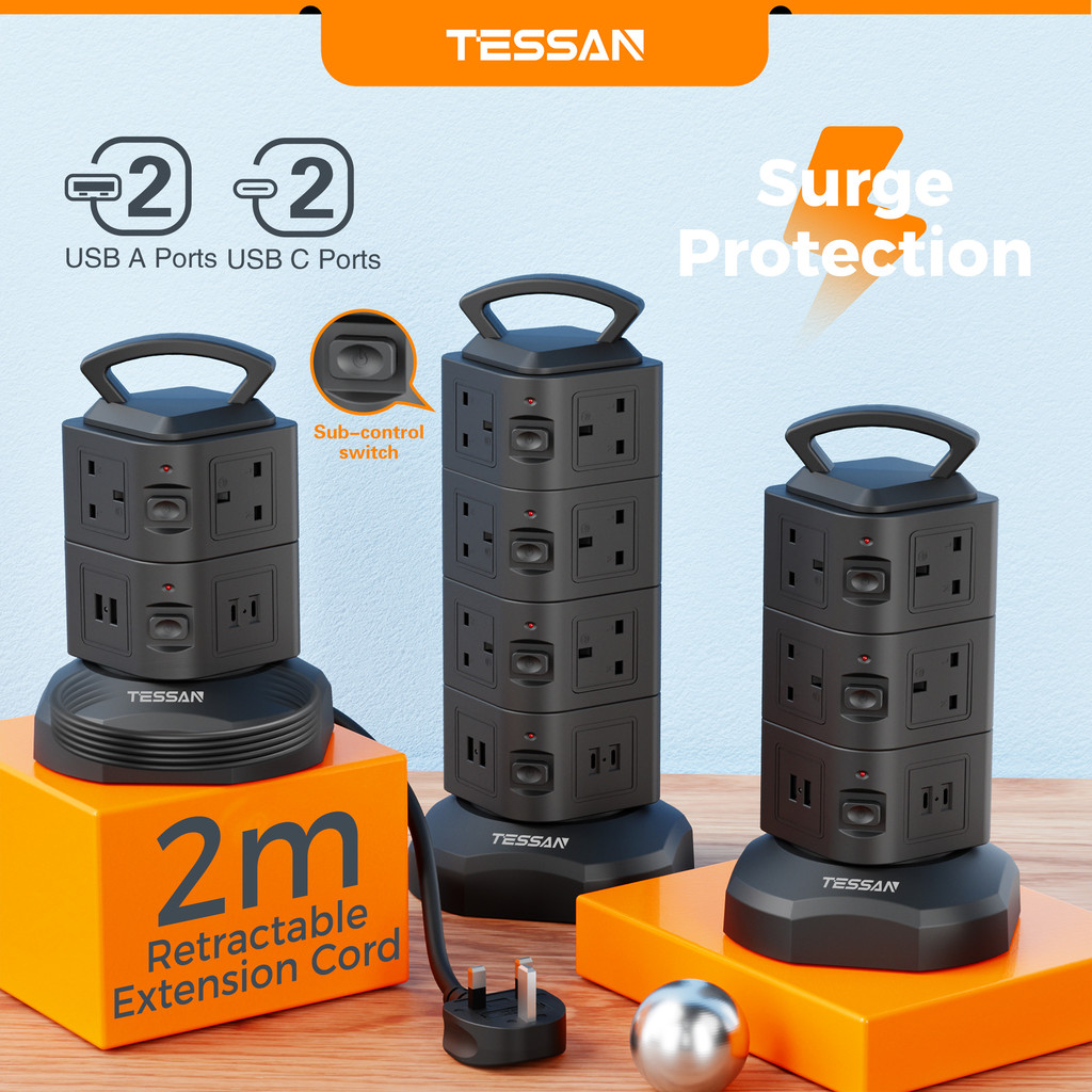 TESSAN Tower Extension Retractable Cord 2M Socket Adapter with USB Type ...