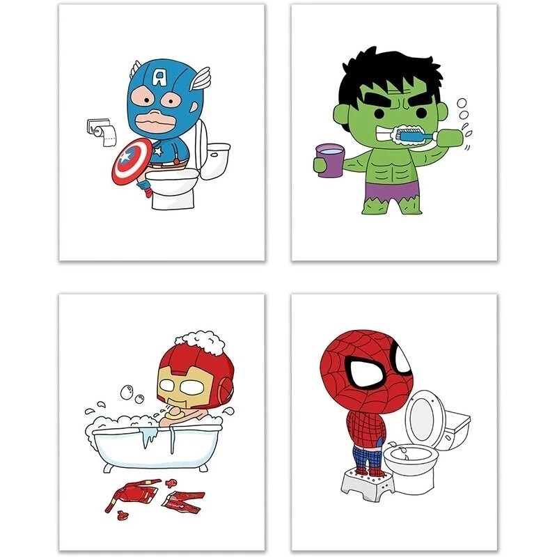 Marvel Avengers Superhero Bathroom Posters Funny Brushing Bathing ...