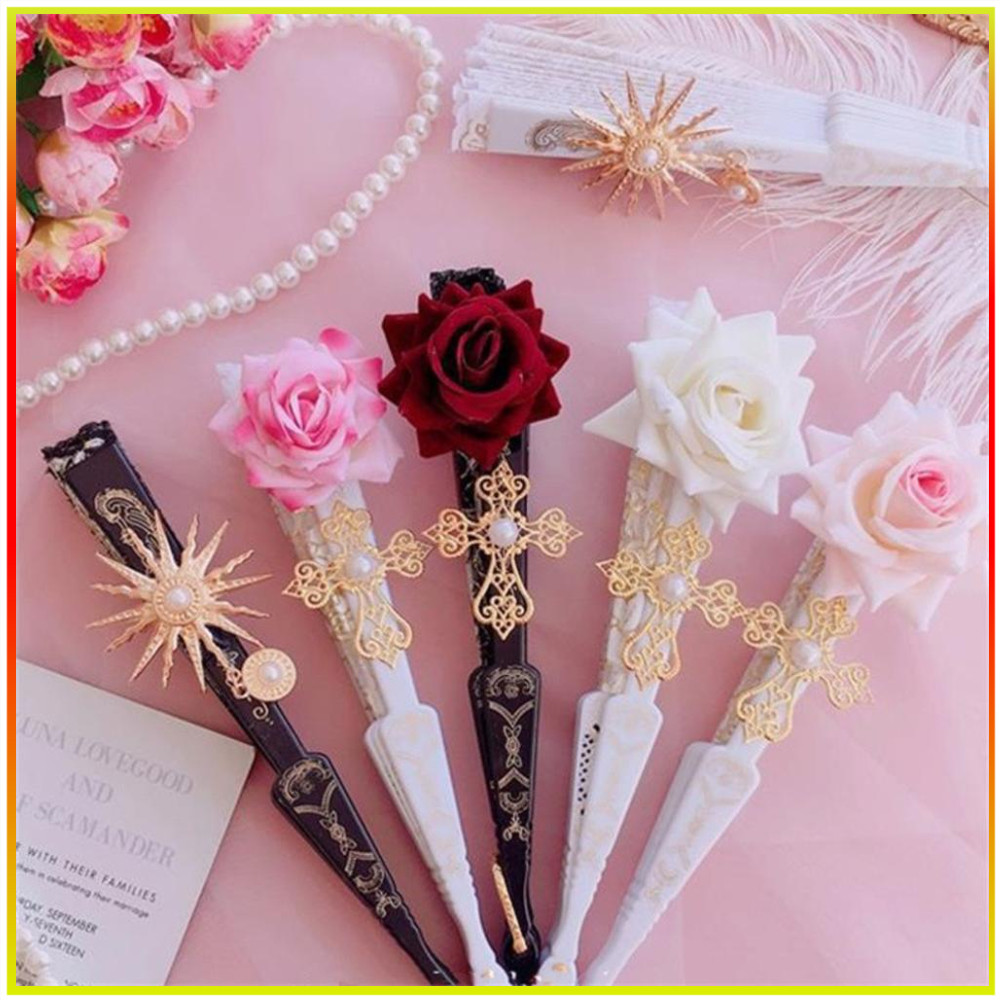 Lolita Gothic Fan Victorian Female Lace Hand Vintage Fan Black Rose Red ...