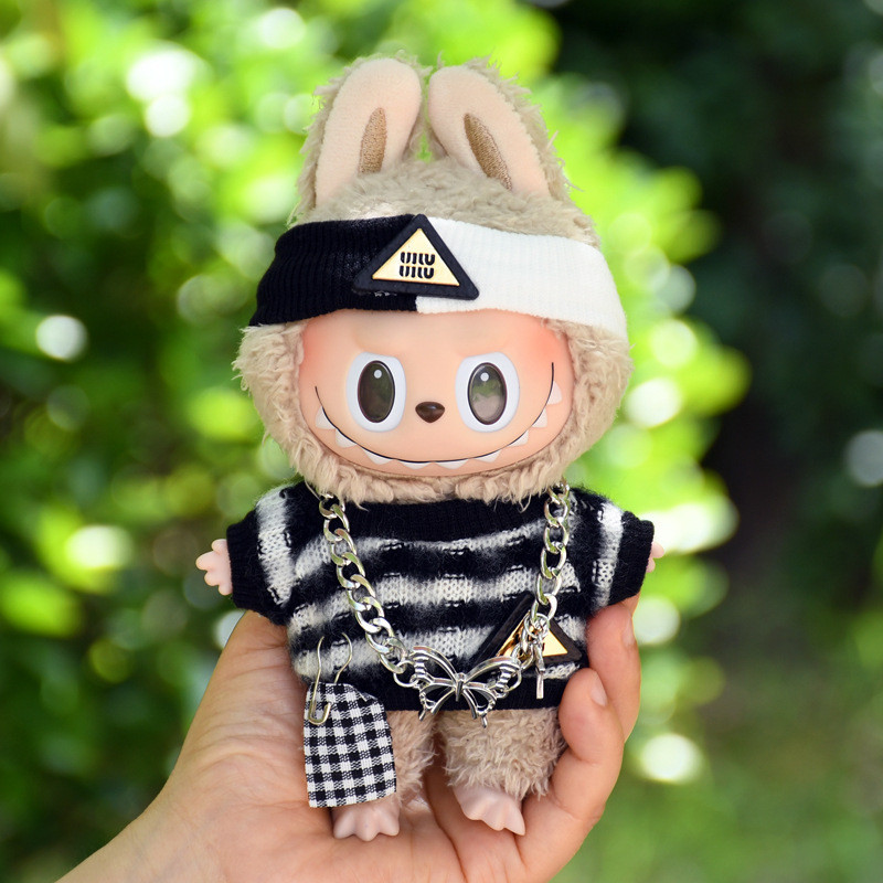 【Only clothes】17cm labubu Clothes, Black Striped T-Shirt Suit labubu ...