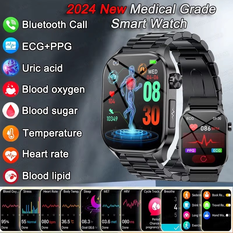 GUHUAVMI New Blood Glucose Smartwatch Men ECG PPG Blood Pressure Lipids ...