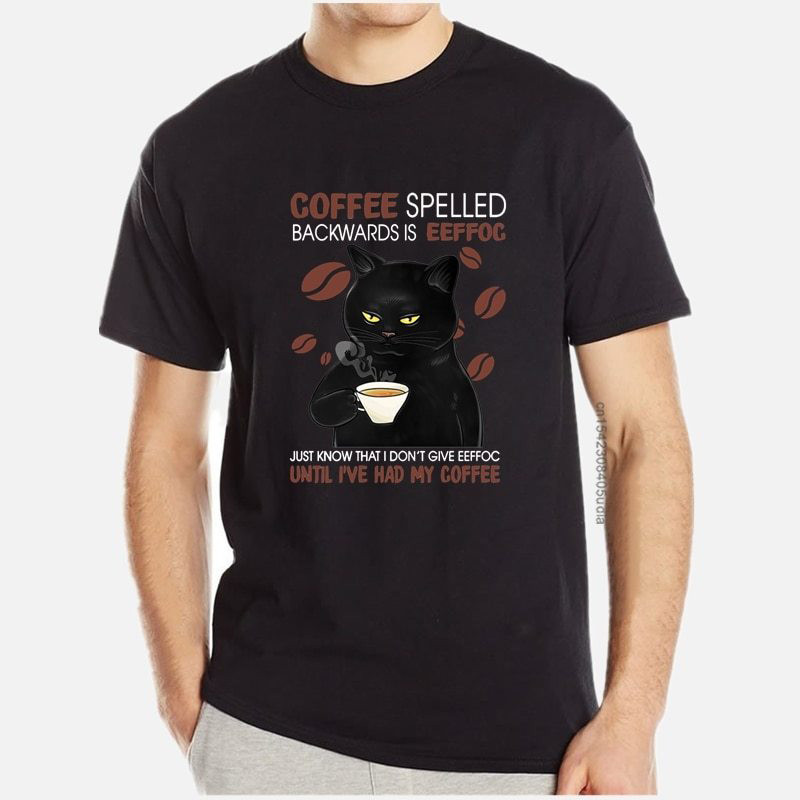 Cotton Black Cat Coffee Tshirts Men Spelled Backwards Is Eeffoc Funny ...