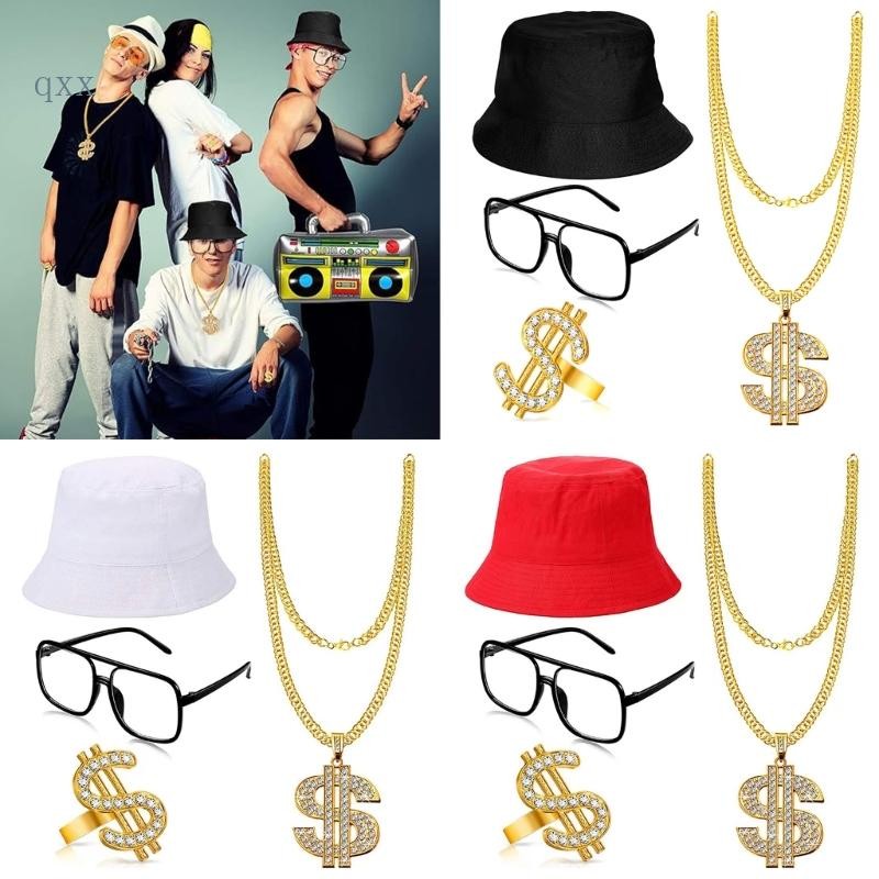 CH*【READY STOCK】 80s 90s Rapper Costume Set Bucket Hat Necklace ...