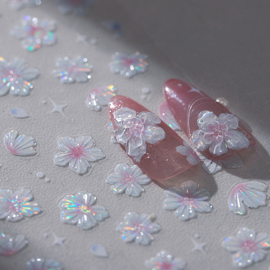 5D flower transparent glass broken hot stamping nail stickers, adhesive ...