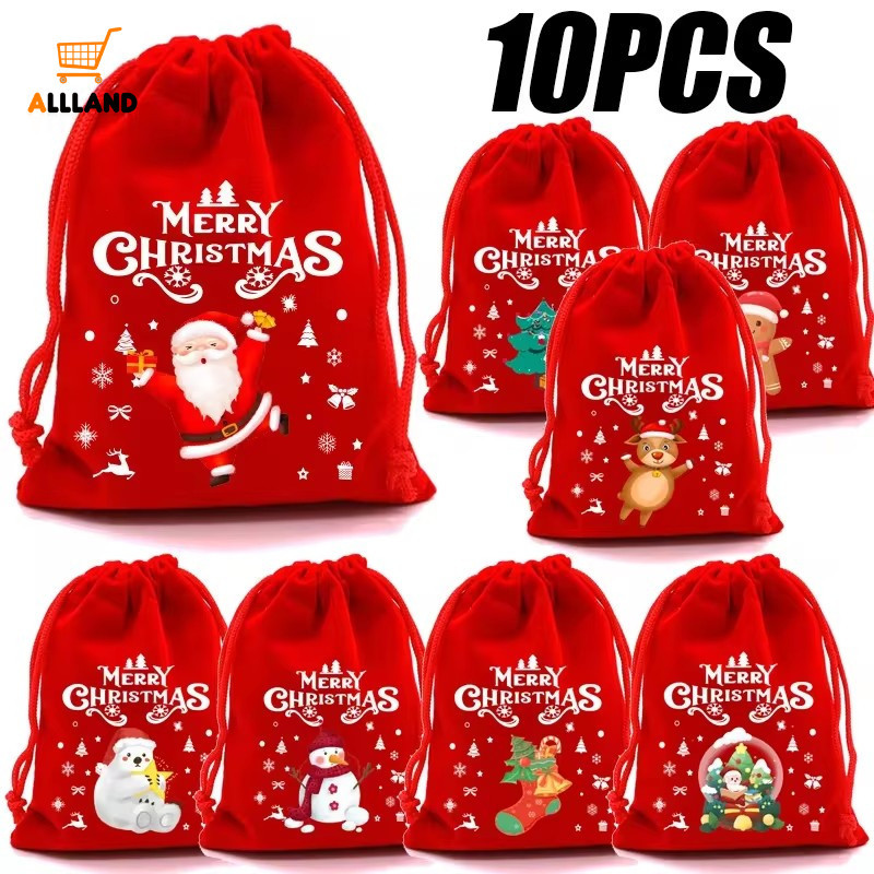 10/5PCS Red Christmas Velvet Bags - Santa Candy Snack Drawstring Pouch ...