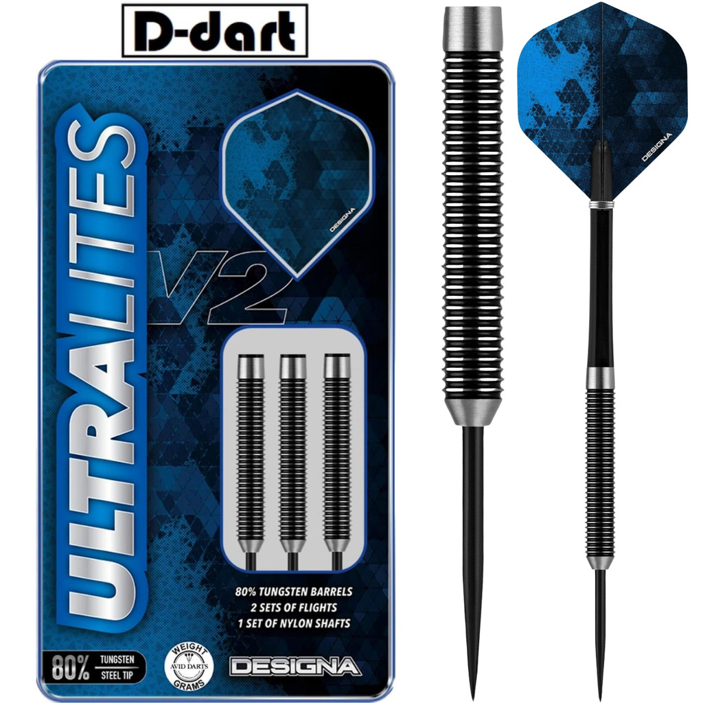 DESIGNA STEEL TIP DARTS - 16G ULTRALITES V2 M2 80% TUNGSTEN DART SET ...
