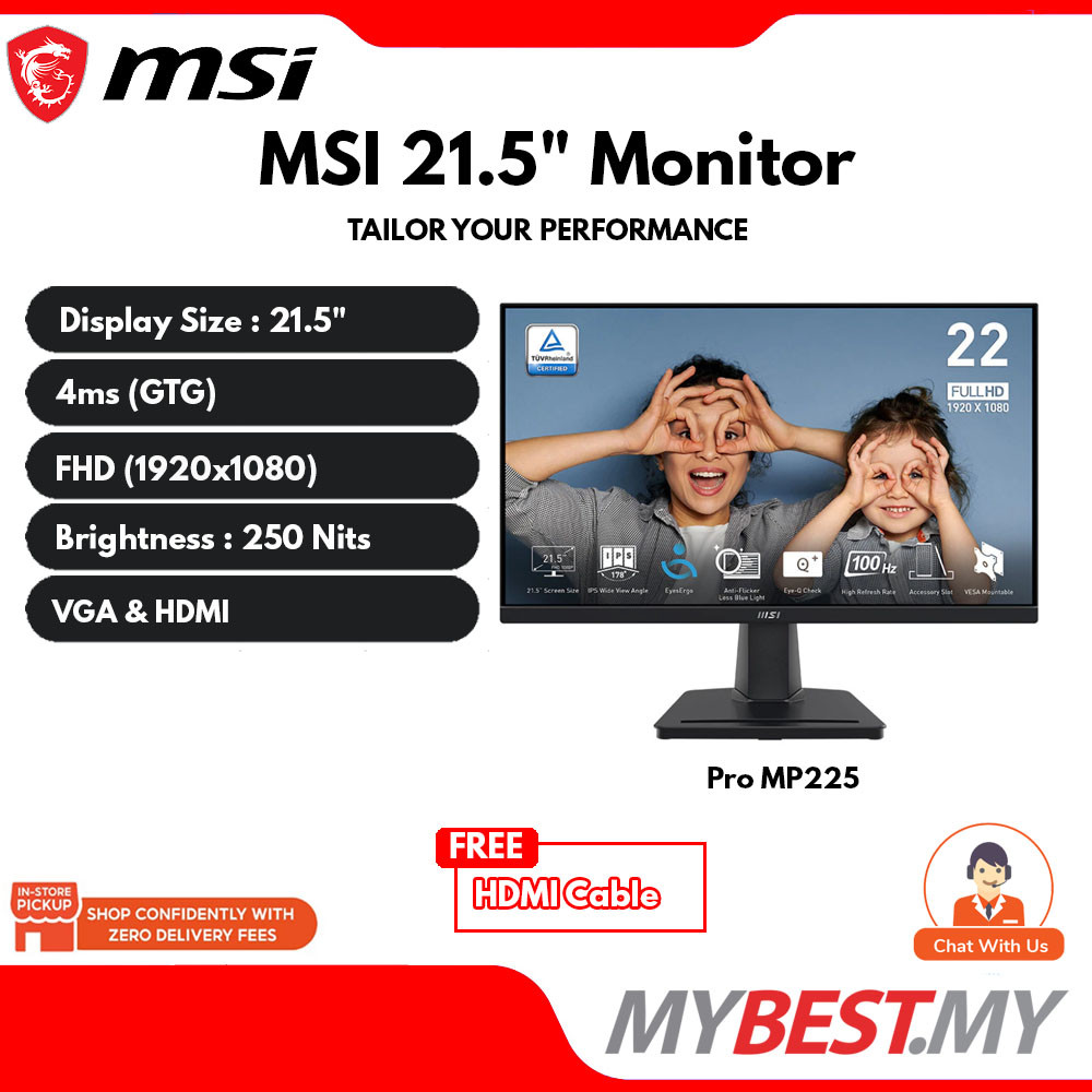 MSI Pro MP225 21.5" FHD 100Hz Flat Monitor (HDMI, VGA, 3Yrs Warranty ...