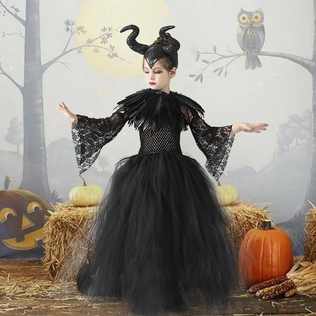 Girls Queen Costume Maleficent Costume Witch Devil Knitted Tulle Dress ...