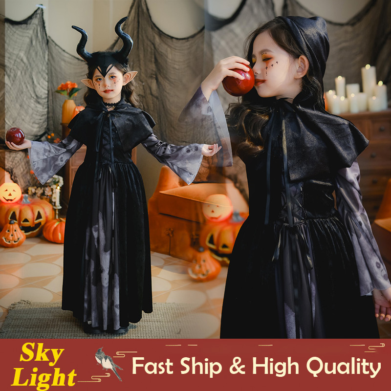 Ghost Bride Black Dress For Kids Girl Halloween Horror Vampire Cape ...