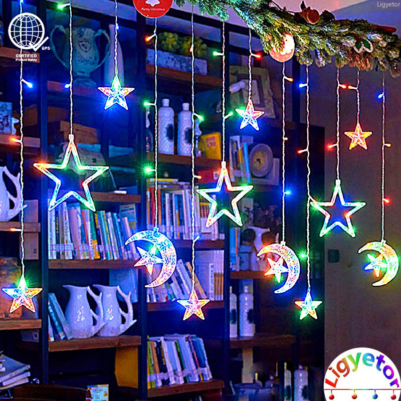 Ligyetor Raya LED Star Moon Curtain String Lights Decorations for Eid ...