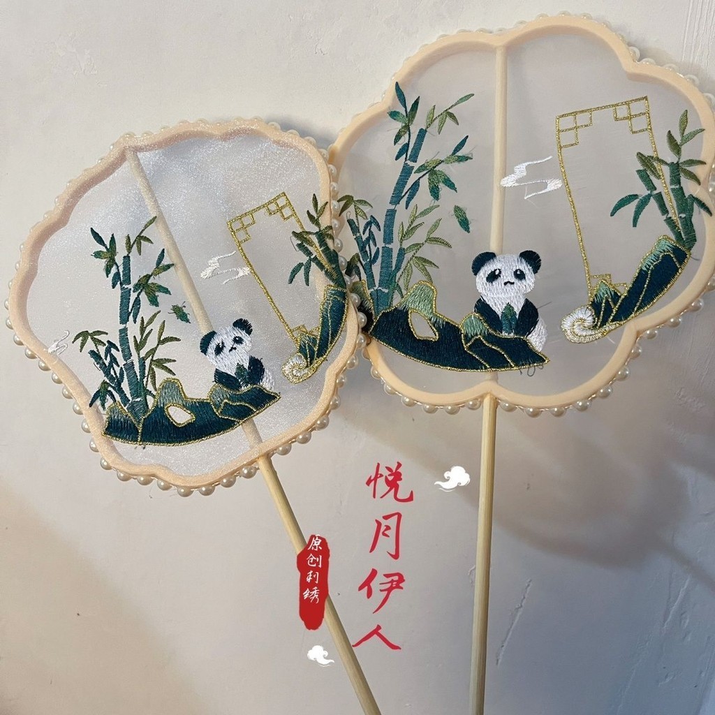 Original Embroidery Shaped Circular Fan Long Handle Fan Cheap Cute ...