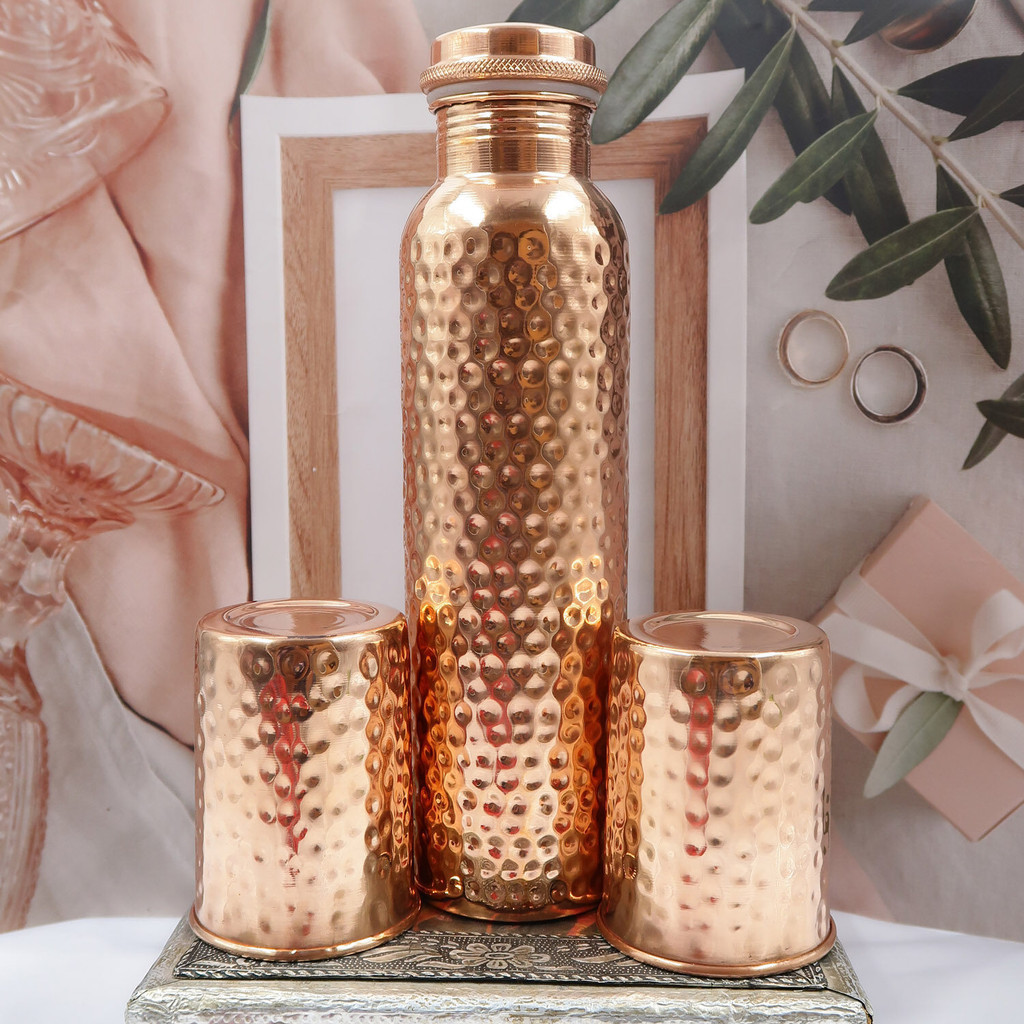 Pure Copper Drinking Bottle with 2 Glass Set - Copper Bottle Gift Set ...