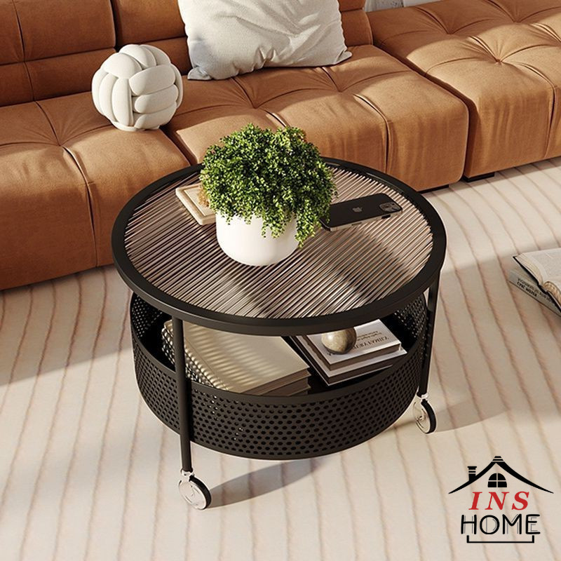 Movable Coffee Table White Light Luxury Glass Coffee Table Round Coffee ...