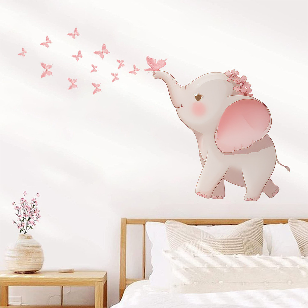 Pink Girly Cute Baby Elephant Baby Wall Cartoon Children Room ...
