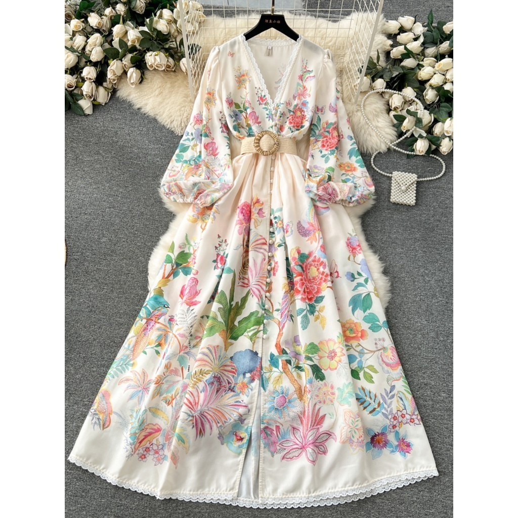 New Holiday Floral Spring Summer Maxi Dress Female Sexy V Neck Long ...