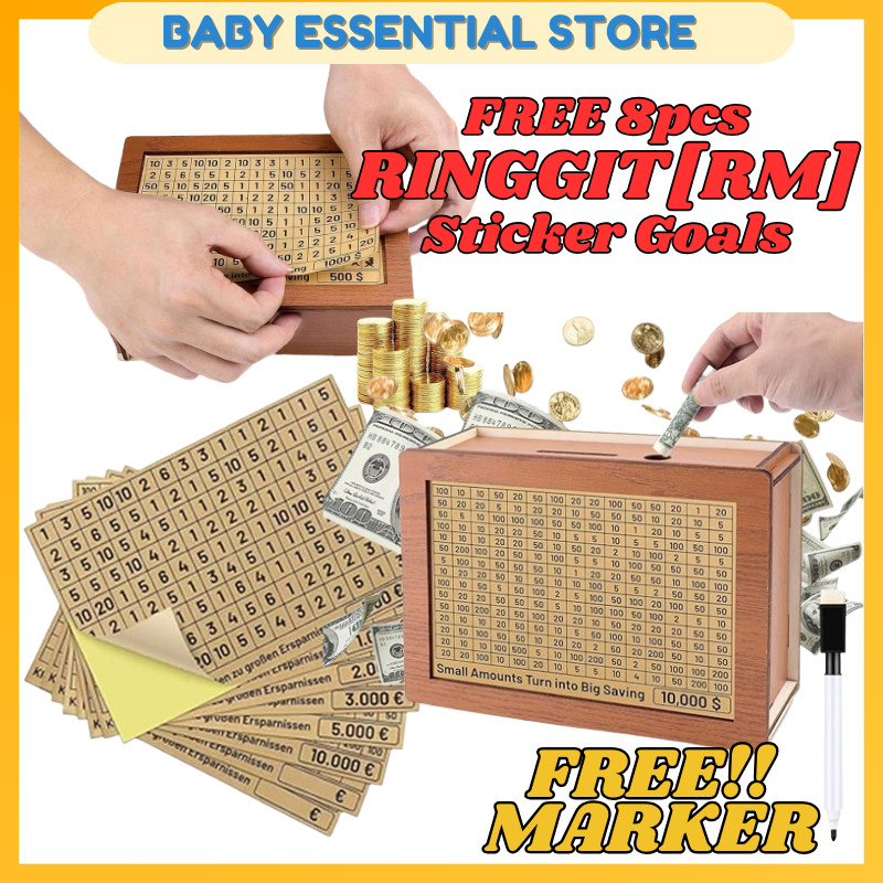 8pcs RM Saving Goals Sticker Wooden Piggy Bank with Number Money Box Customize Wood Coin Box ...