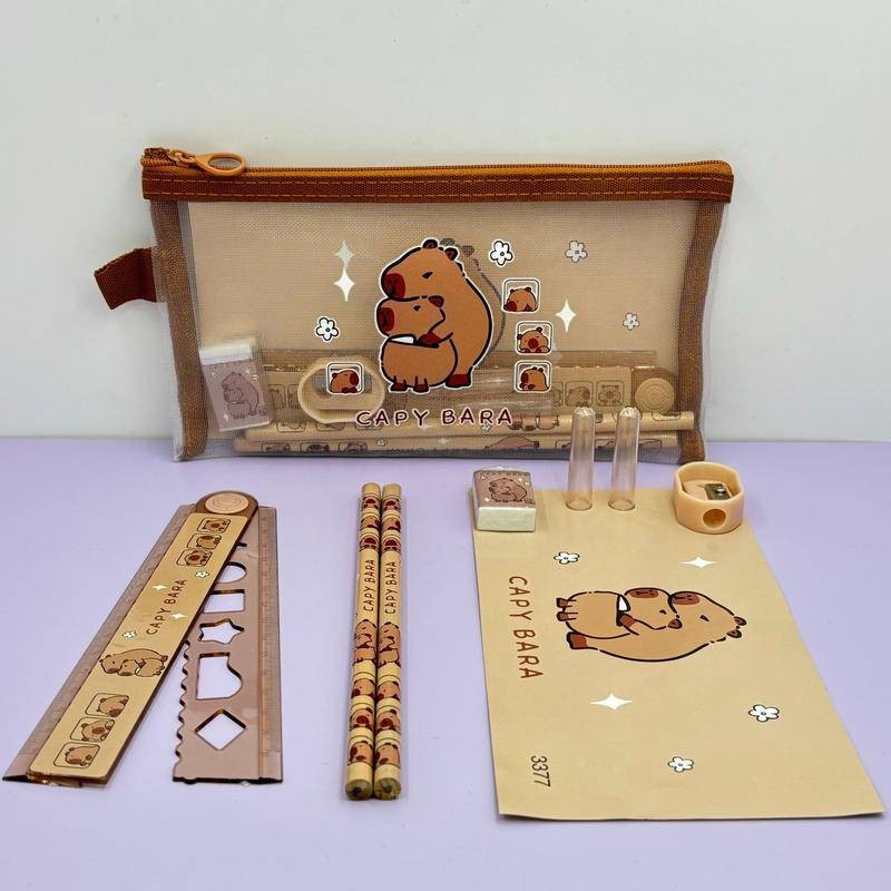 7Pcs/Set Capybara Mesh Pencil case cartoon gift set Cute student prize ...