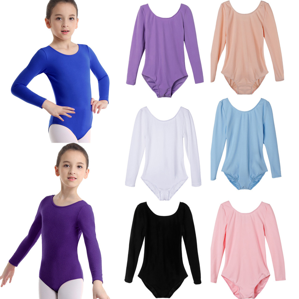 Kids Girls Long Sleeve Ballet Dance Leotards Gymnastics Costume Solid ...