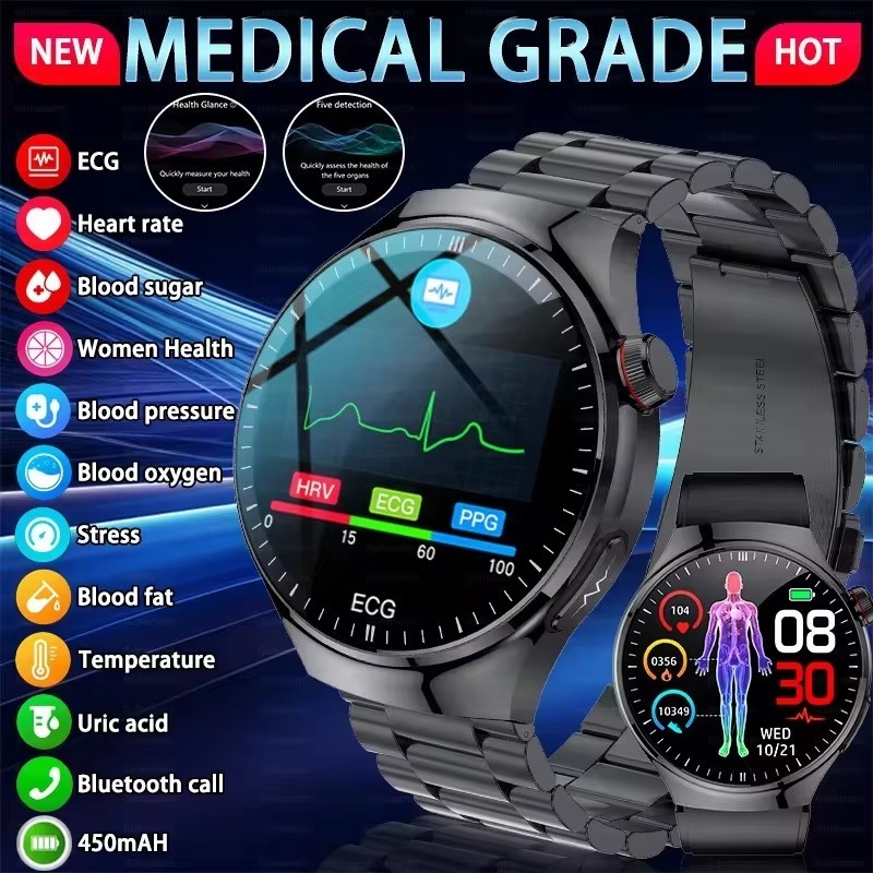 2024 New ECG+PPG Blood Lipids Uric Acid Blood Glucose Smart Watch Men Heart Rate Health Tracker ...