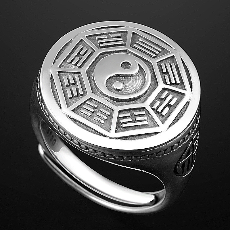 Thai Silver Ring Men Retro Distressed Taoist Tai Chi Gossip Transfer ...