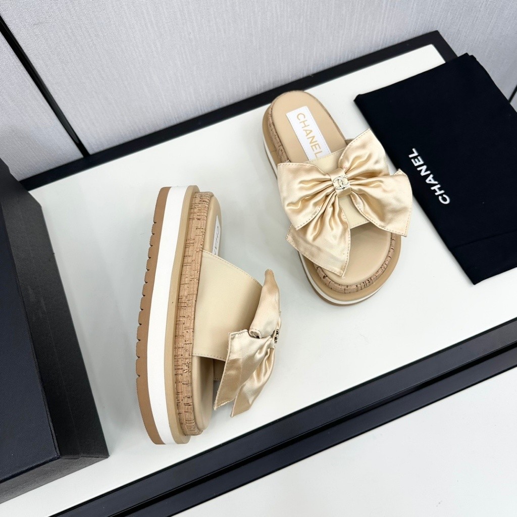 Chanel 2024 New Style Thick Cork Bow Slippers | Shopee Malaysia