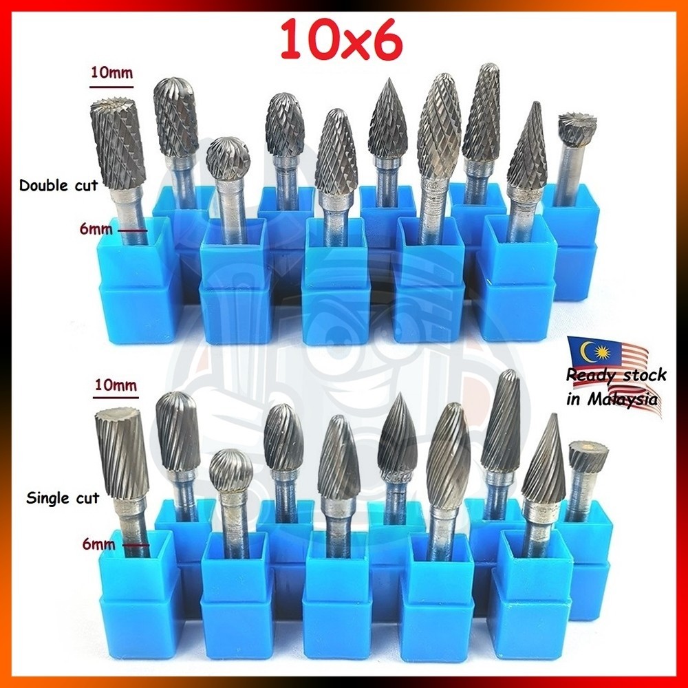 10pcs 10x6mm Tungsten Carbide Burr 6mm Single Cut Double Cut Rotary ...