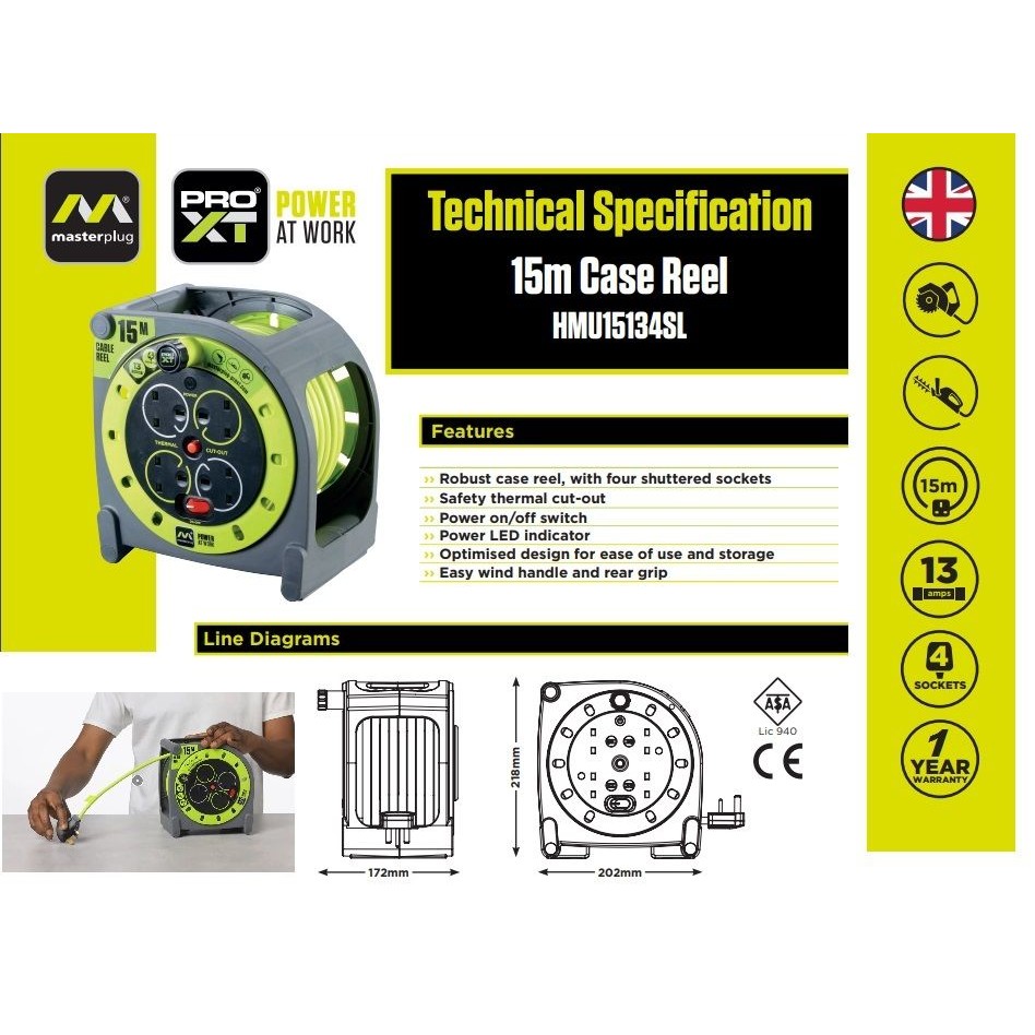MasterPlug Pro-XT 15m x 240V/13A 4-Socket Case Cable Reel | Shopee Malaysia