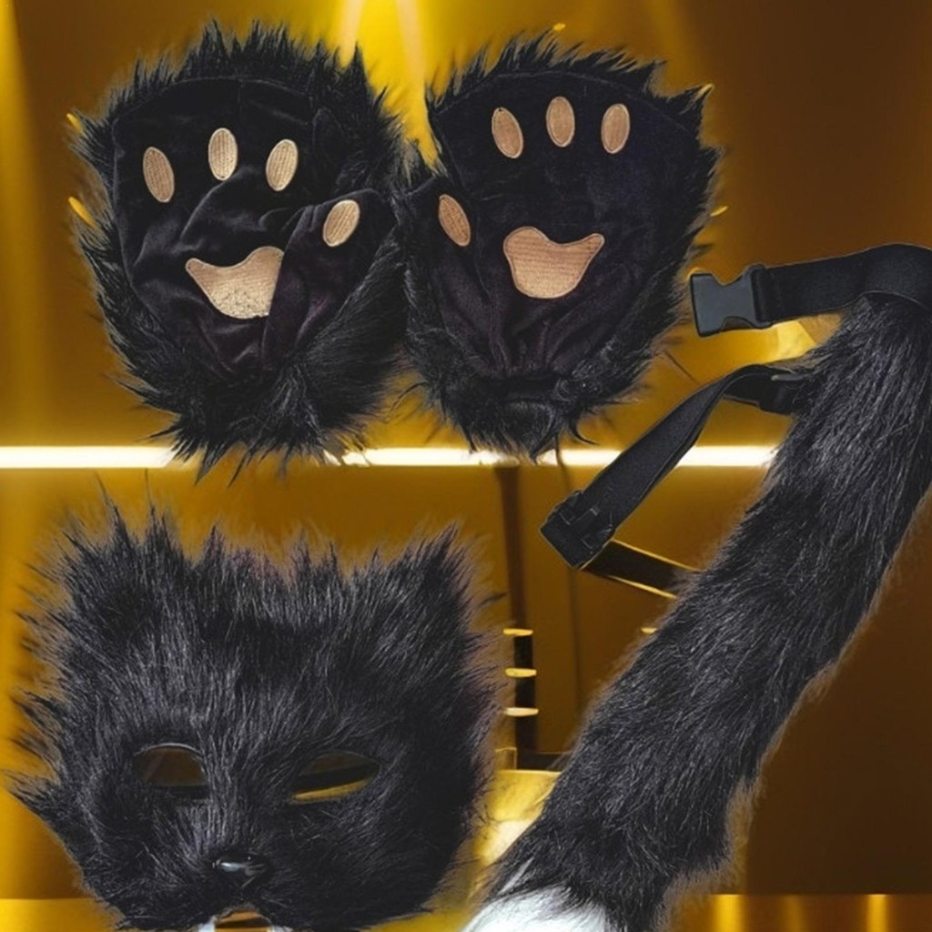 Fox Mask Gloves Half Face Animal Mask Furry Paw and Tail Set Halloween ...