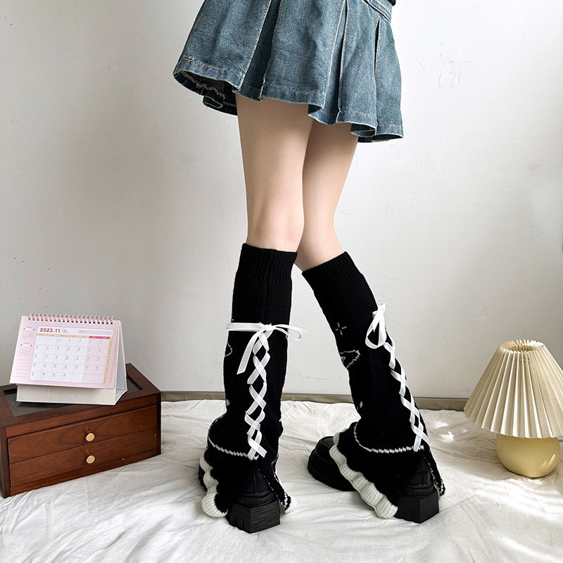 Y2K style wide leg socks with black fungus lace straps JK girls' five ...