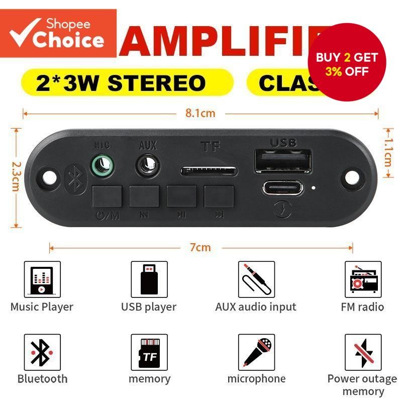 [Shopee Choice] 2*3W 6W Amplifier 5V MP3 Board Bluetooth 5.0 Stereo ...