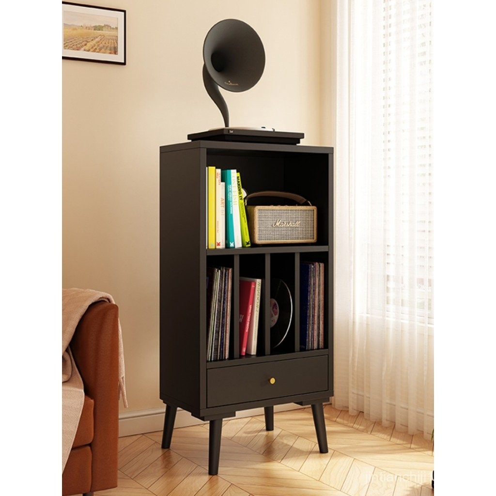 Solid Wood Vinyl Record Cabinet with Drawer Storage Low Cabinet File ...