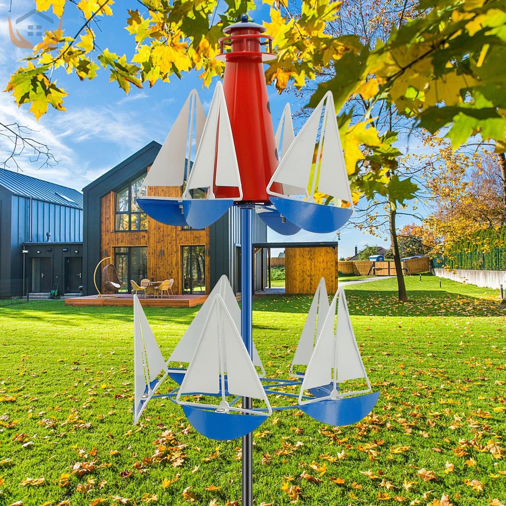 Sailboat Windmill Décor Metal Lighthouse Sailing Wind Spinner Swiveling ...