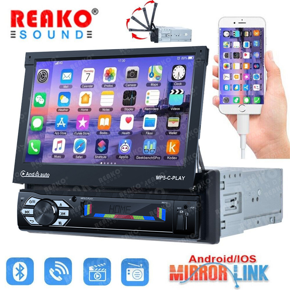 REAKOAUTO 1Din Car Radio CarPlay Auto GPS Navi IPS Retractable Screen Android Multimedia Player ...